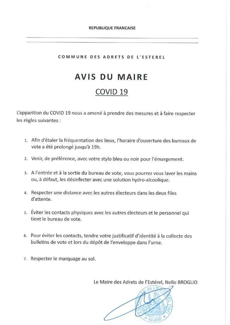 Avis du Maire des Adrets (83) - Covid19 - 15 mars 2020